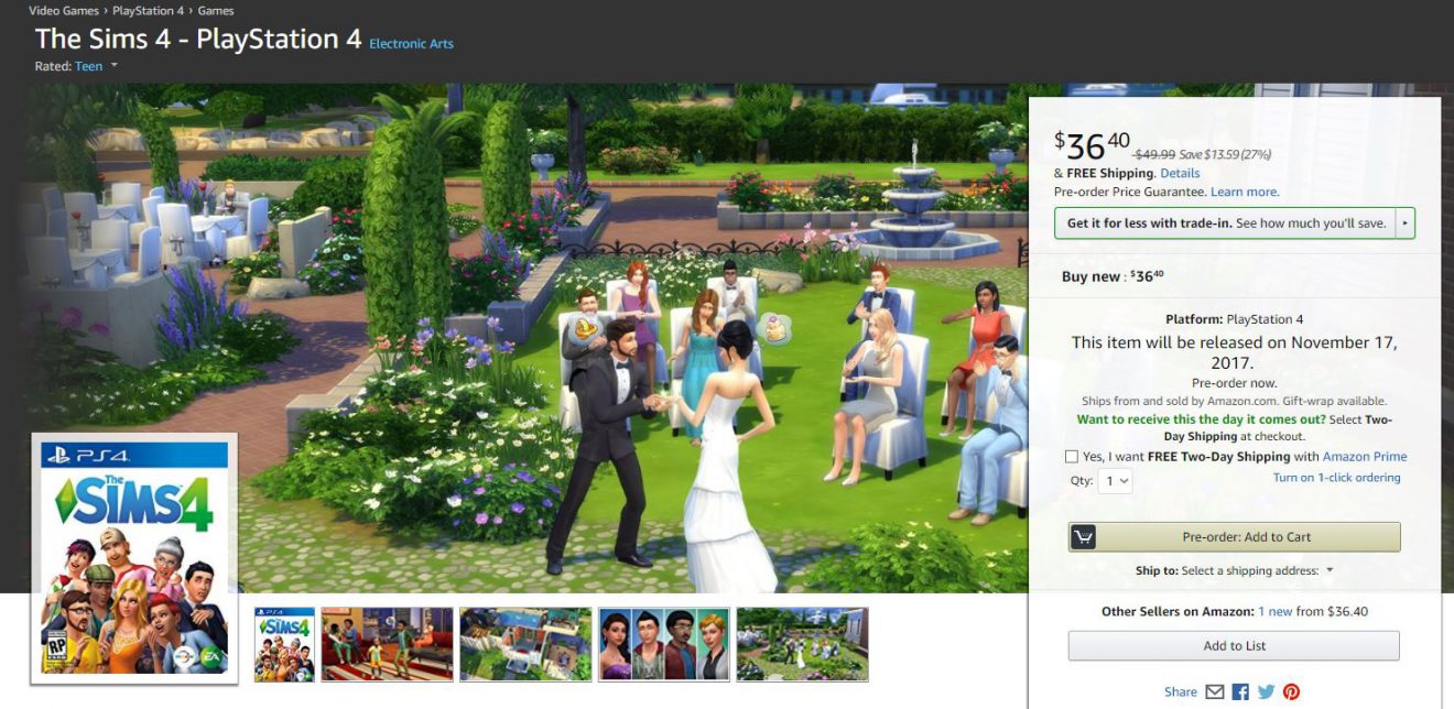 Get The Sims 4 Standard Edition for PS4 on Amazon for $36.40