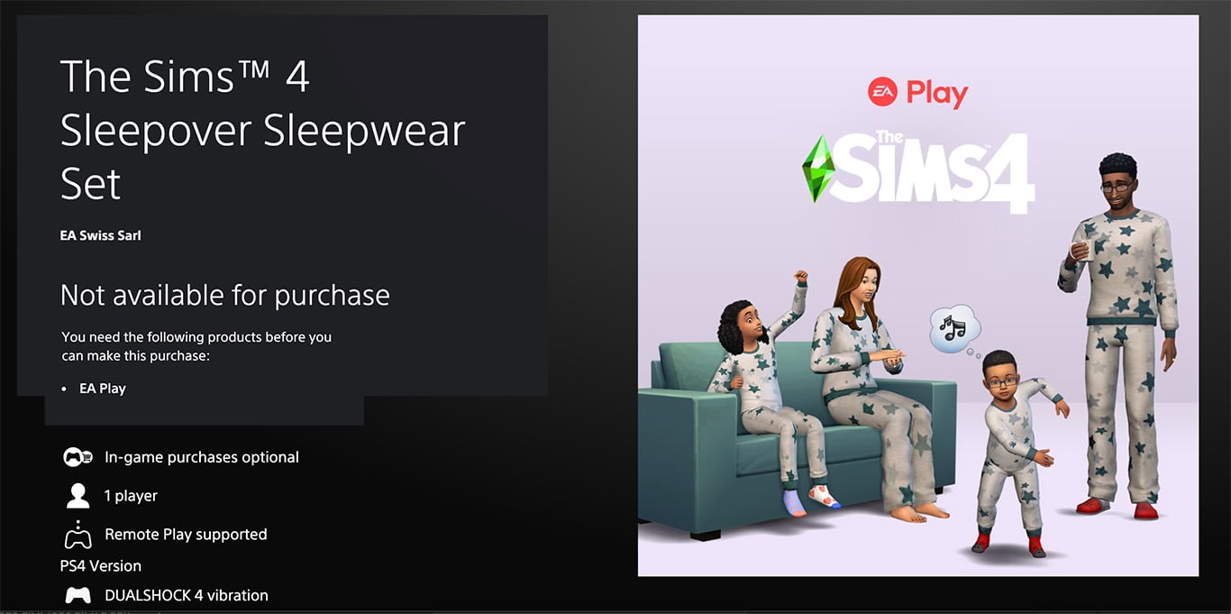 The Sims 4 Sleepover Sleepwear Set is for EA Play Members