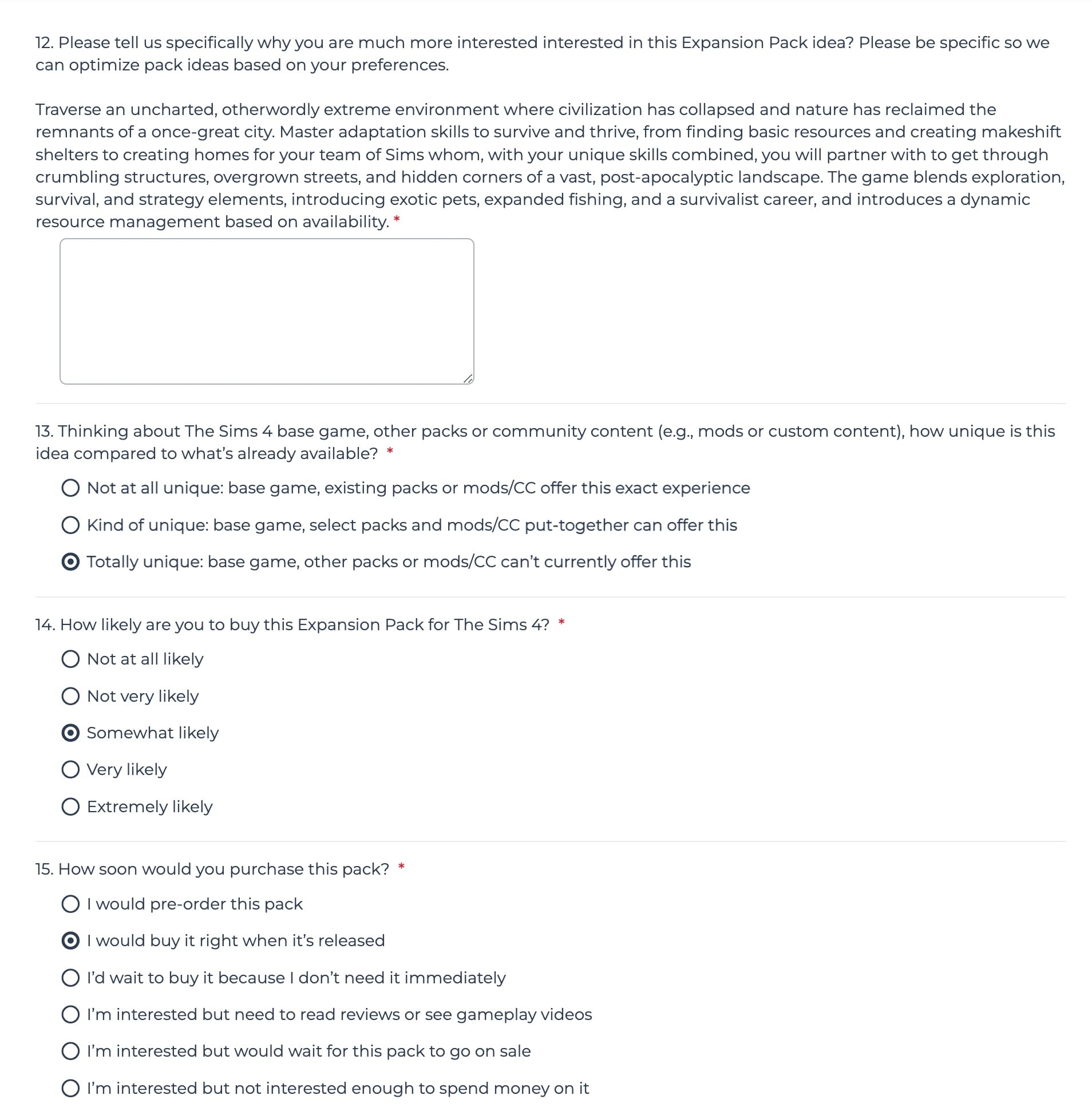 Themes of Possible Sims 4 Expansion Packs (2024 Survey)