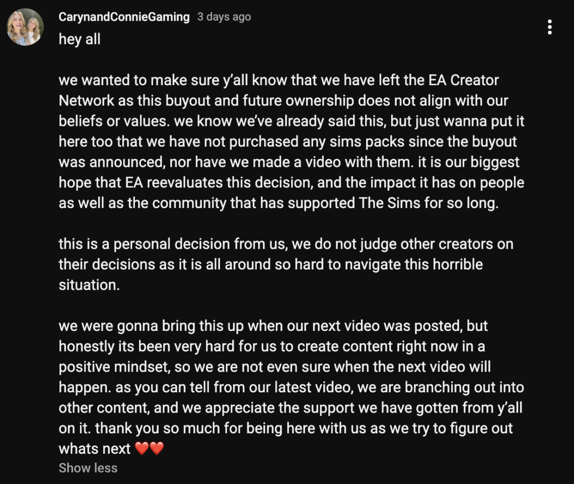 More Sims Creators Leave The EA Creator Network